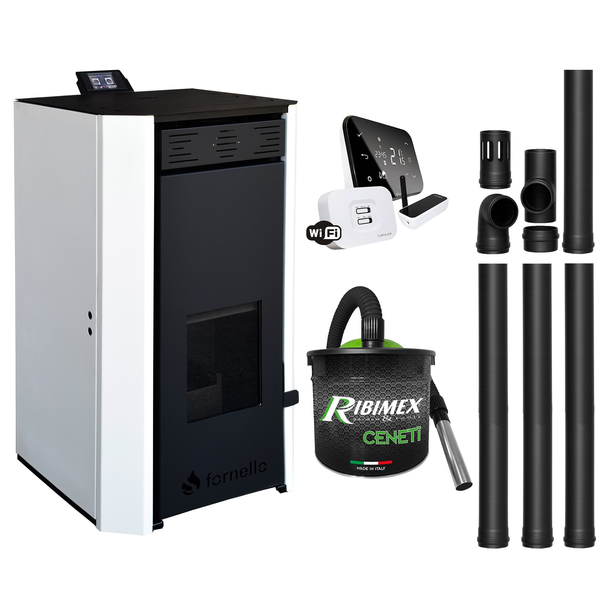 Pachet termosemineu pe peleți Fornello EVA 25 kW, alb, cu Wi-Fi, pentru ...