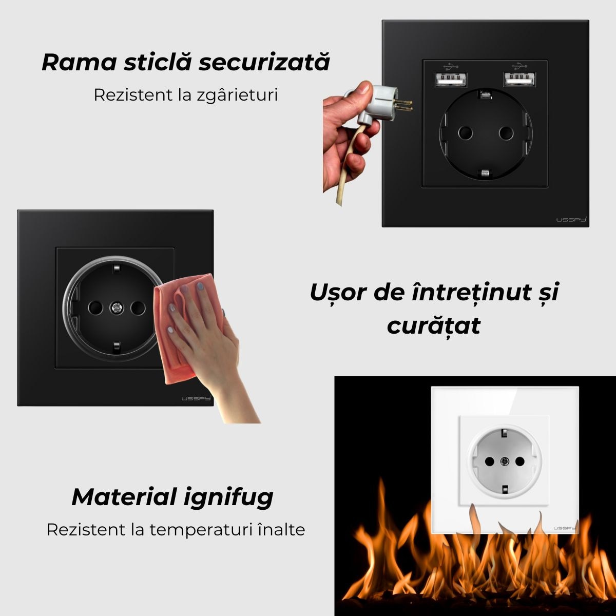 Priza cu rama din sticla securizata cu 2 USB A+C, 5V 2.1A, USSPY ...