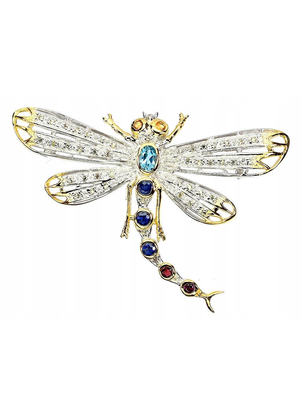 Brosa argintie 14K cu safire naturale, topaz si granate, 66x47mm ...