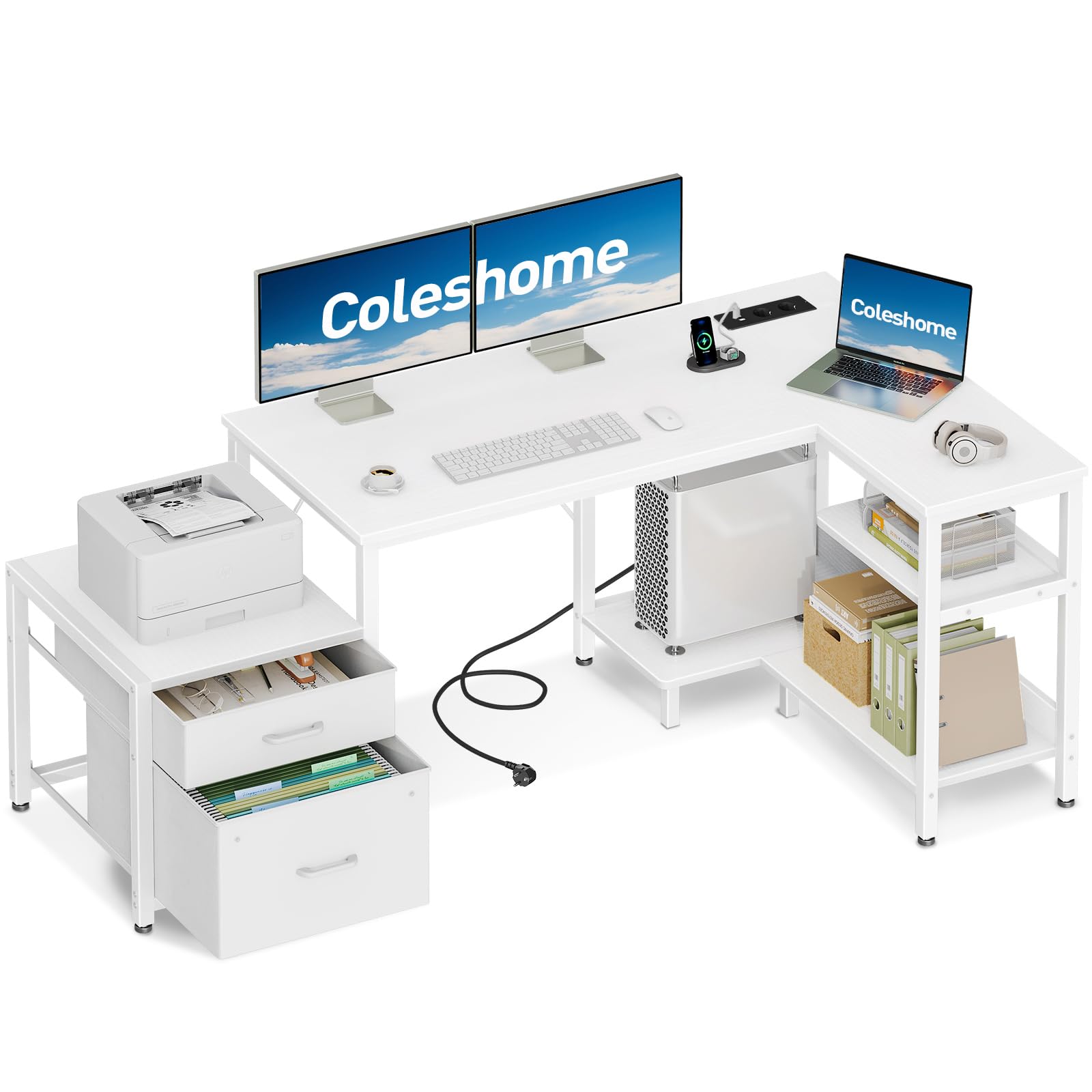Coleshome Birou De Colt Cu Sertare, 140X80Cm, Birou In Forma De L Cu ...