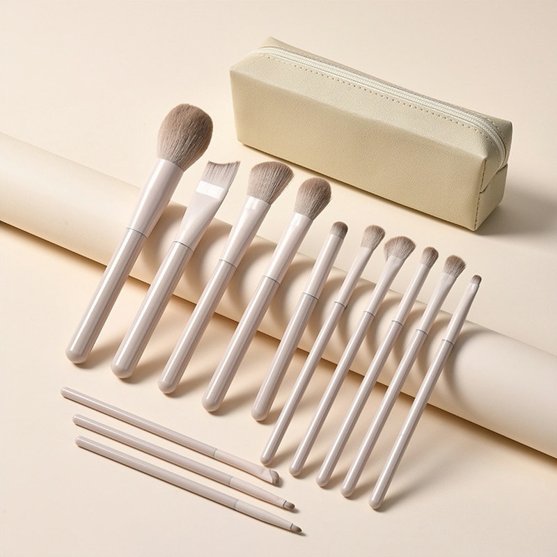 Set de 13 pensule de machiaj pentru incepatori, sintetic, roz, pouch de ...