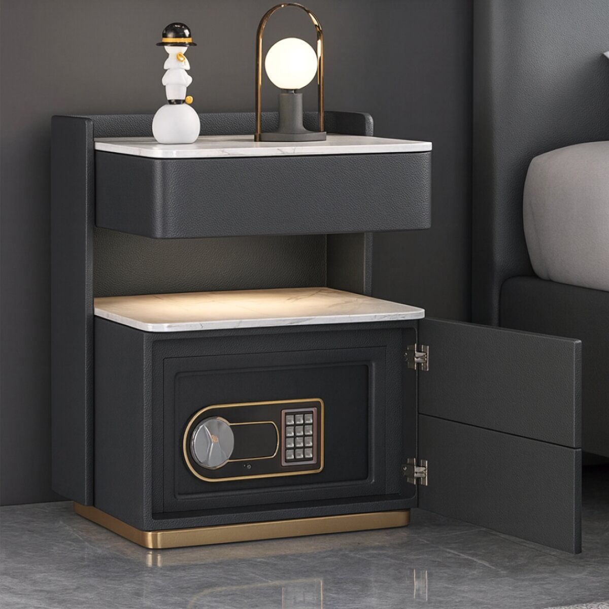 Noptiera inteligenta cu incarcare wireless, iluminare LED, sertar de ...