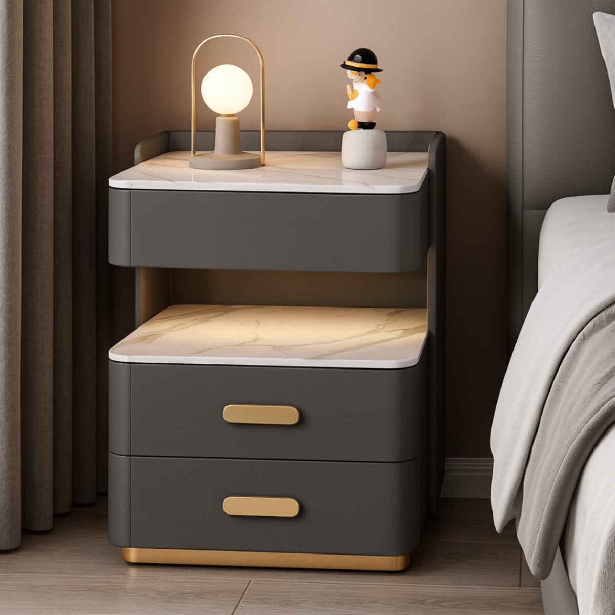 Noptiera inteligenta cu incarcare wireless, iluminare LED, sertar de ...