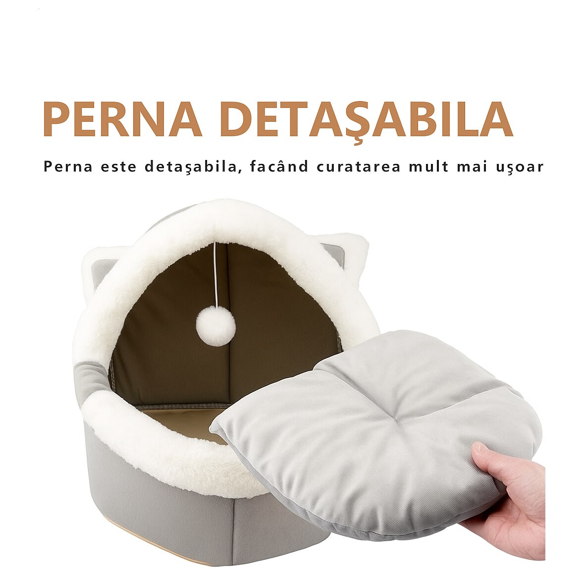 Culcus pentru pisici tip casuta Brivoo®, gri, L 45*43*38 cm, design cu ...