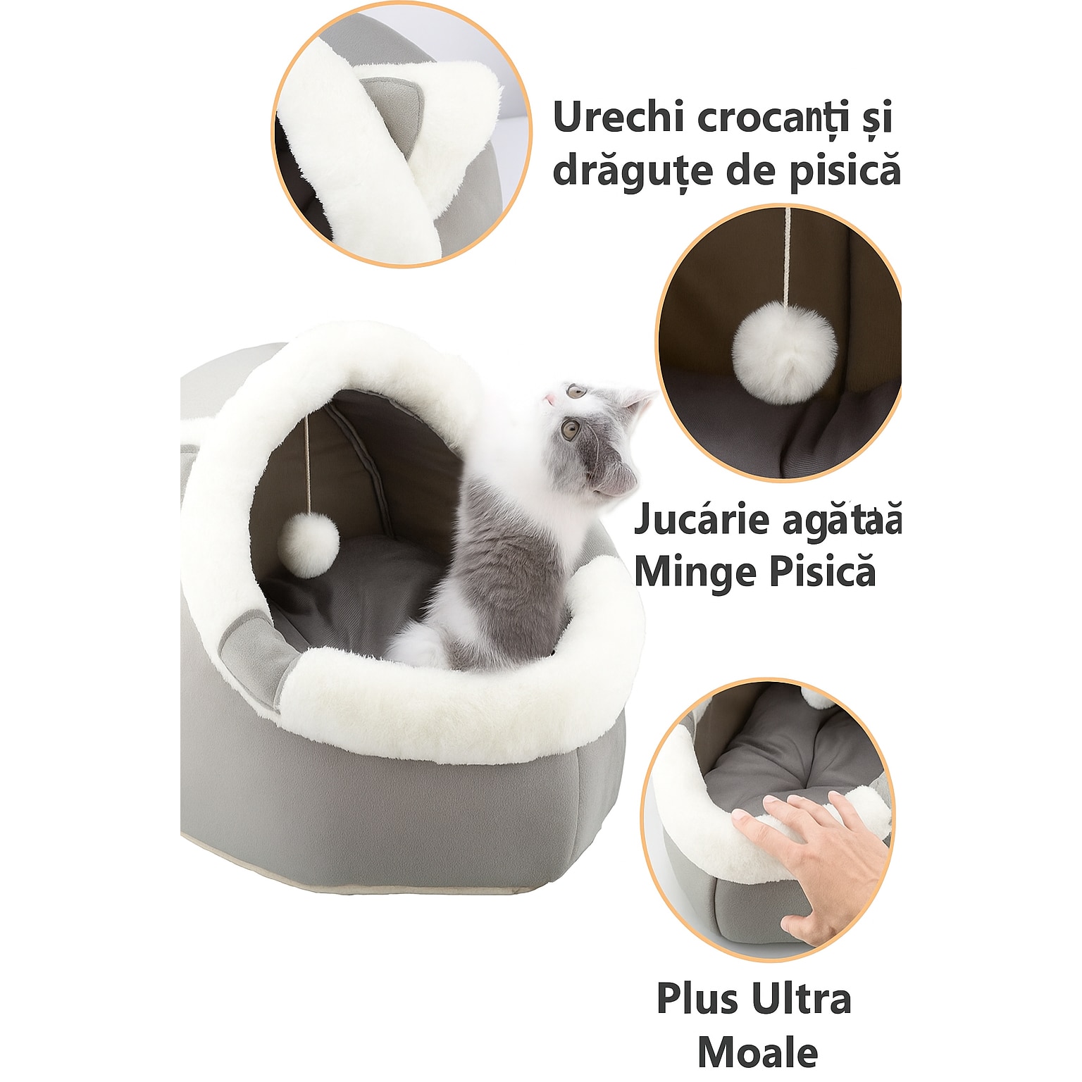 Culcus pentru pisici tip casuta Brivoo®, gri, L 45*43*38 cm, design cu ...