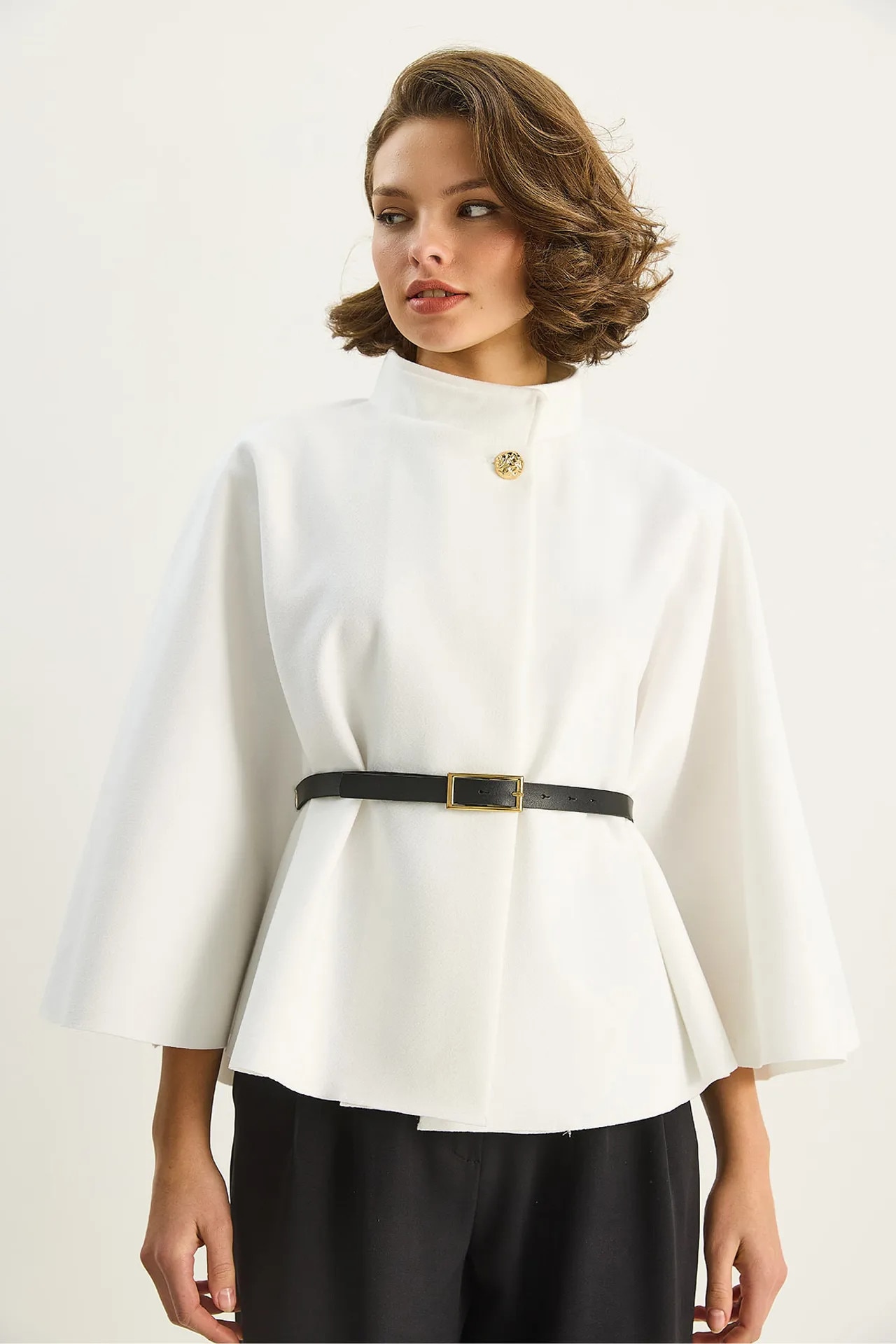 Palton dama Bianco Lucci, supradimensionat, amestec de lana, Alb, S ...