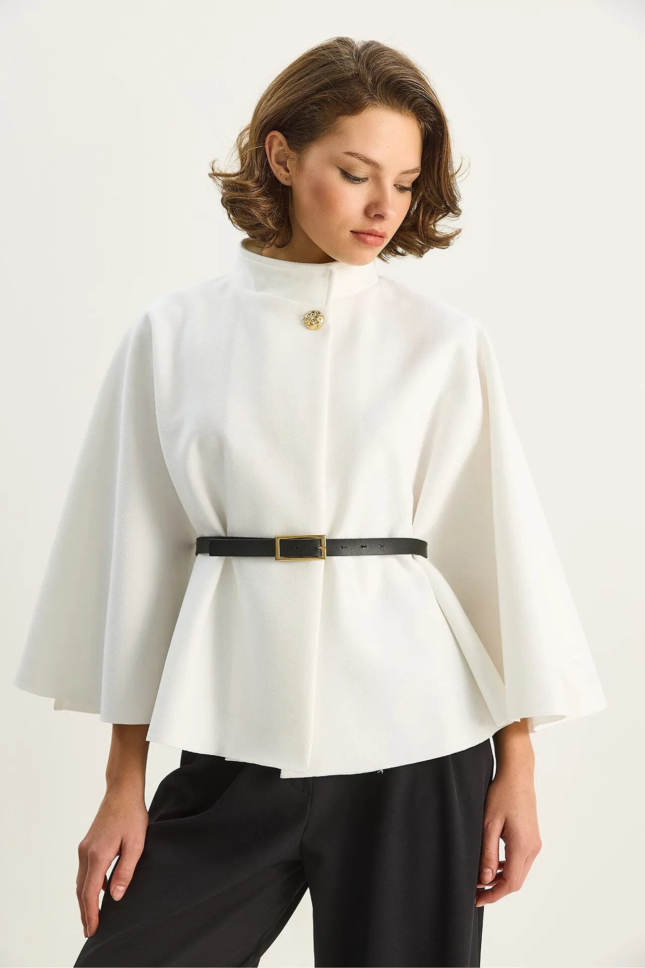 Palton dama Bianco Lucci, supradimensionat, amestec de lana, Alb, S ...