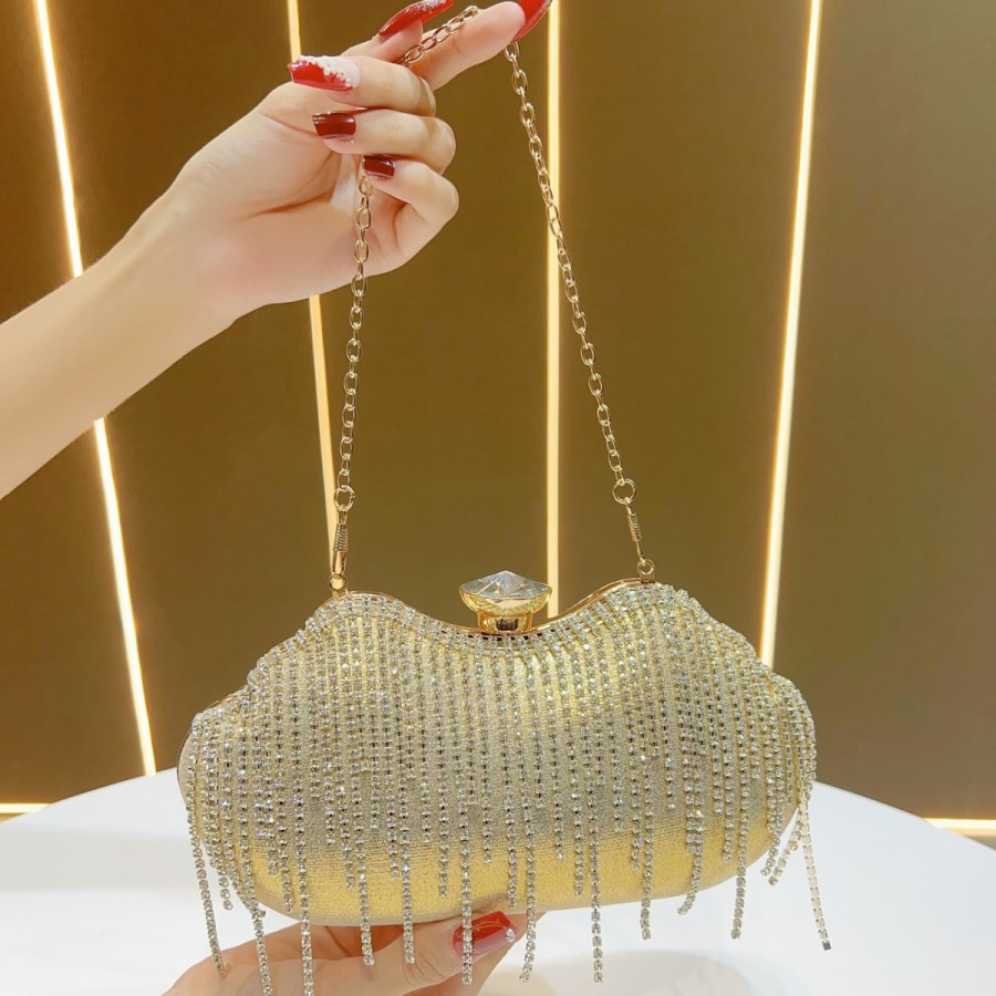 Geanta de seara pentru femei, model Diamond Tassel, aurie, dimensiuni ...