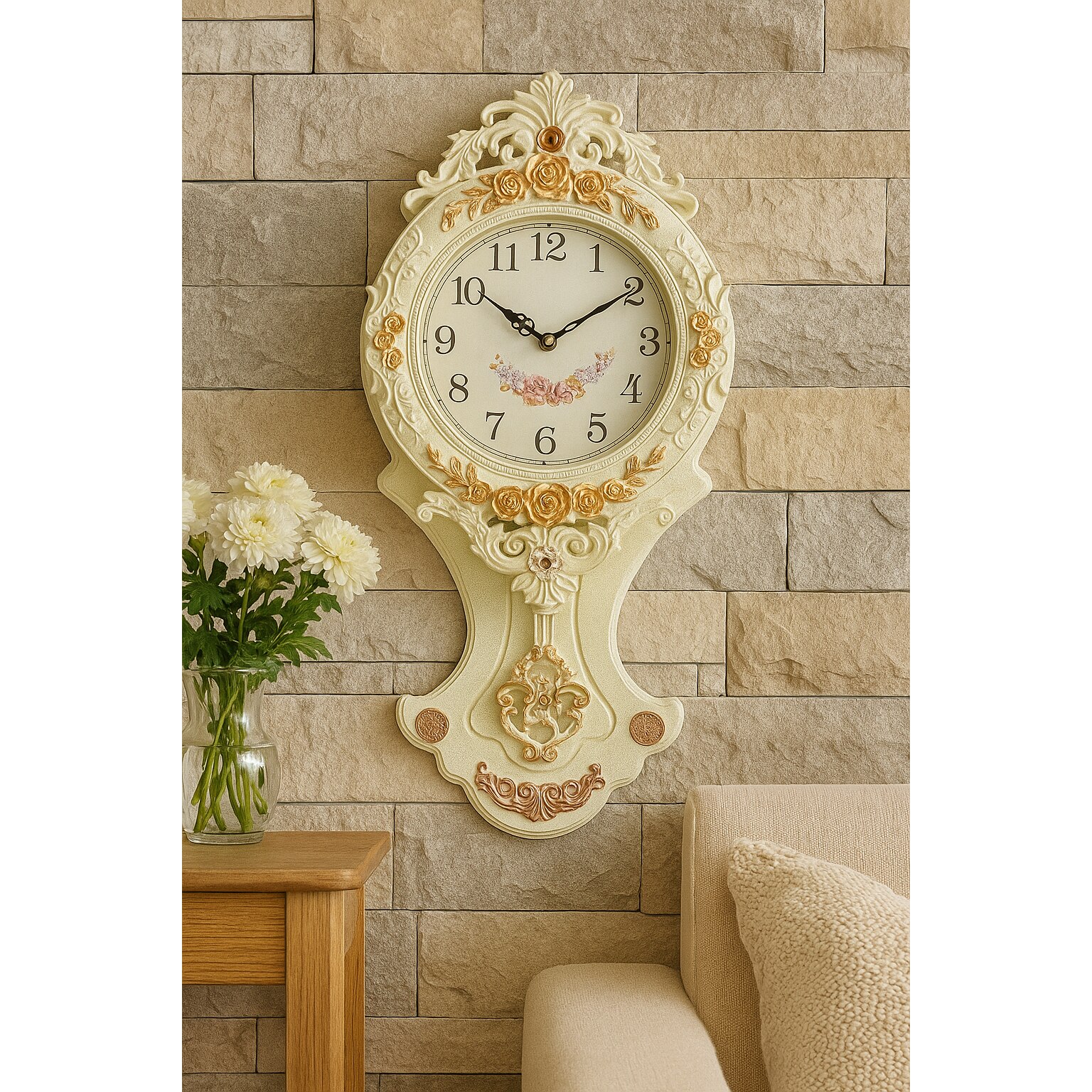 Ceas de perete vintage cu pendul, BLA BLA FOAM® design baroc, bej cu ...