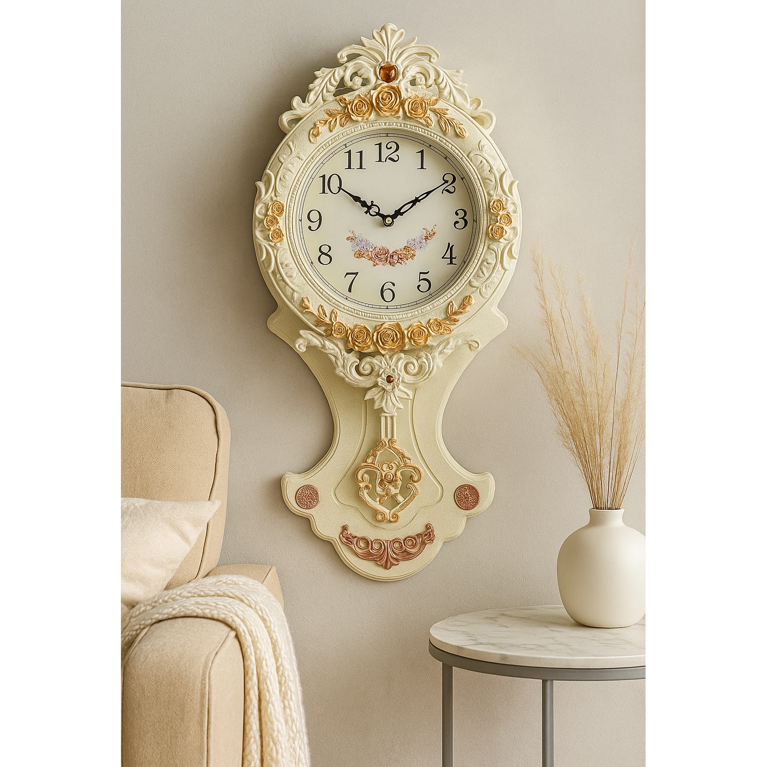 Ceas de perete vintage cu pendul, BLA BLA FOAM® design baroc, bej cu ...