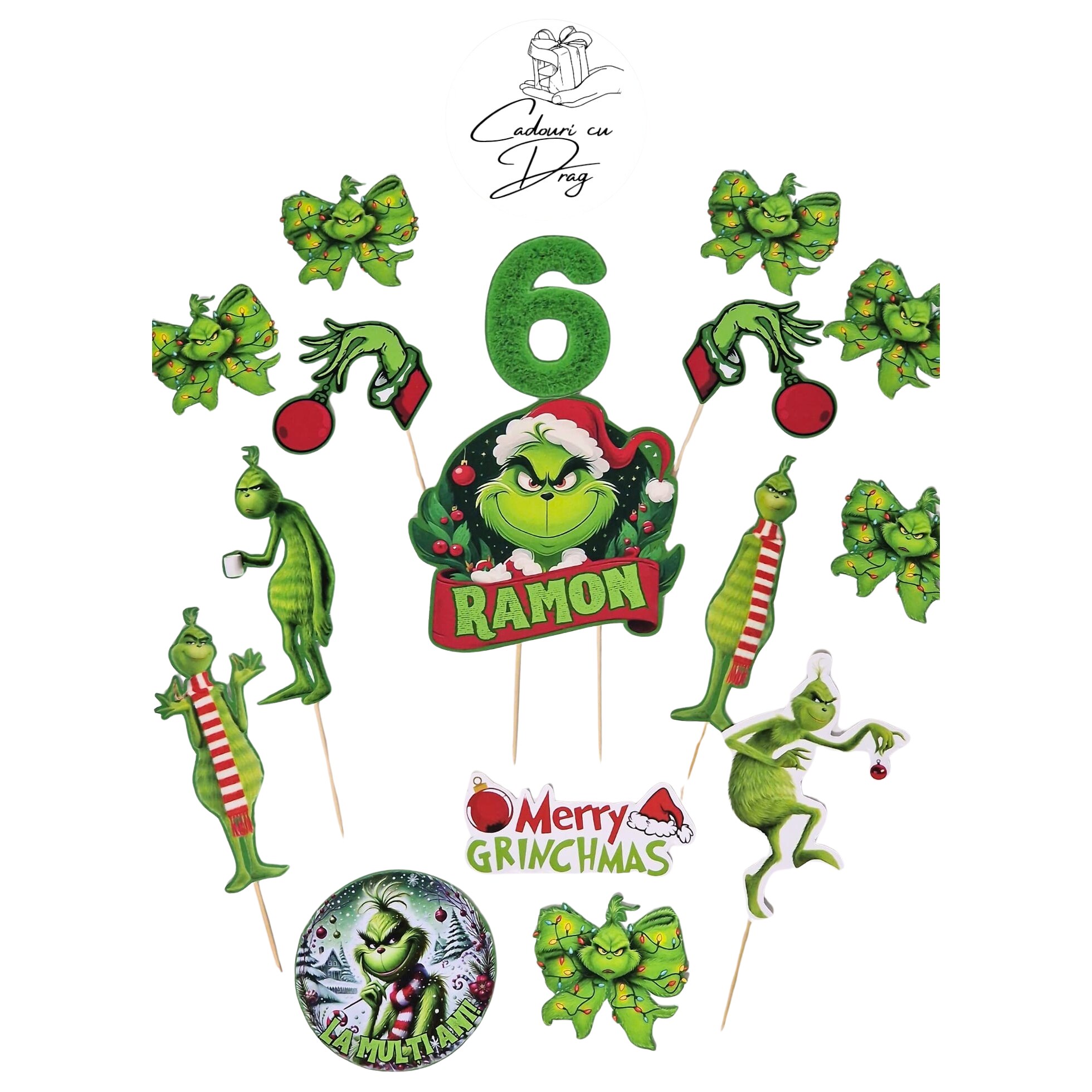 Topper tort din carton tematic Grinch personalizat cu nume si varsta ...