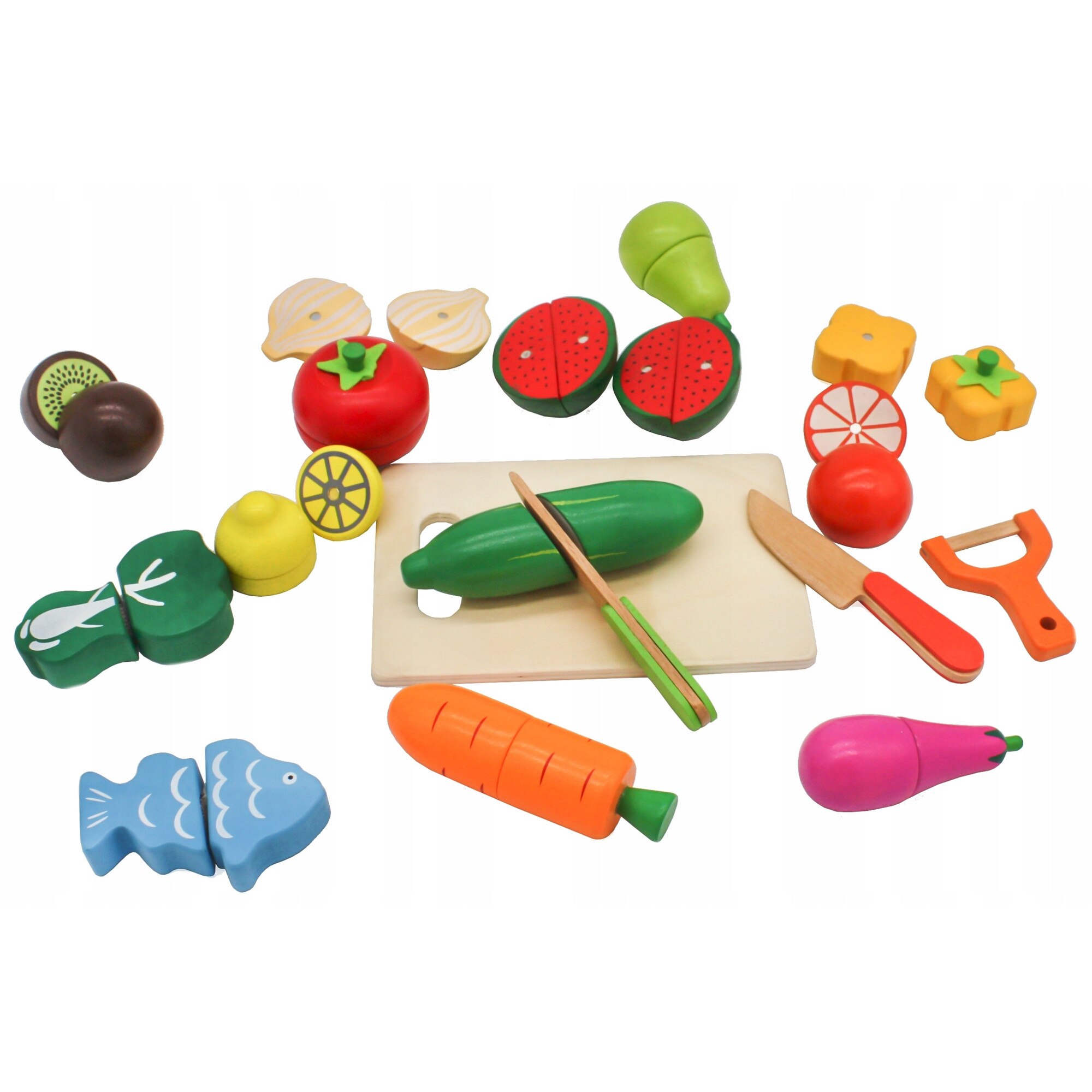 Set de jucarii educative din lemn, Mamabrum, cutie cu 17 fructe si ...