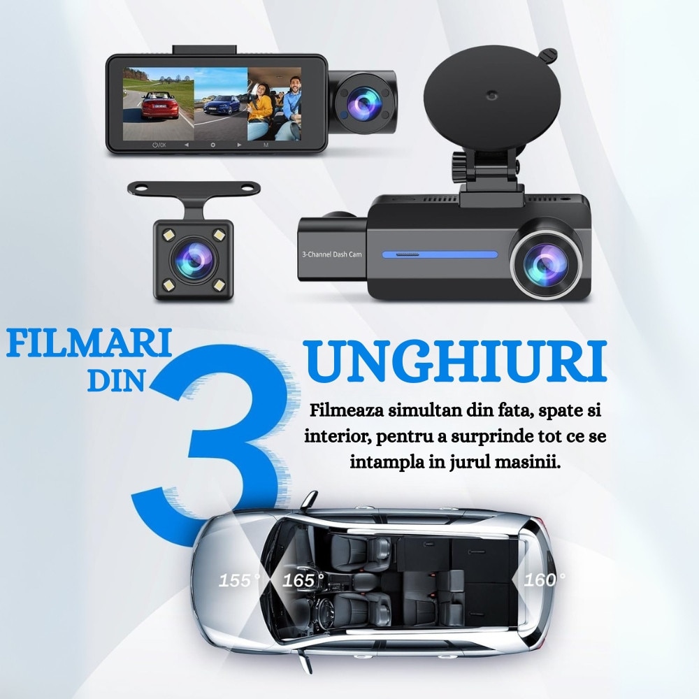 Camera Auto De Bord Tripla DVR Trevix™, Inregistrare Video QHD 2.5K ...