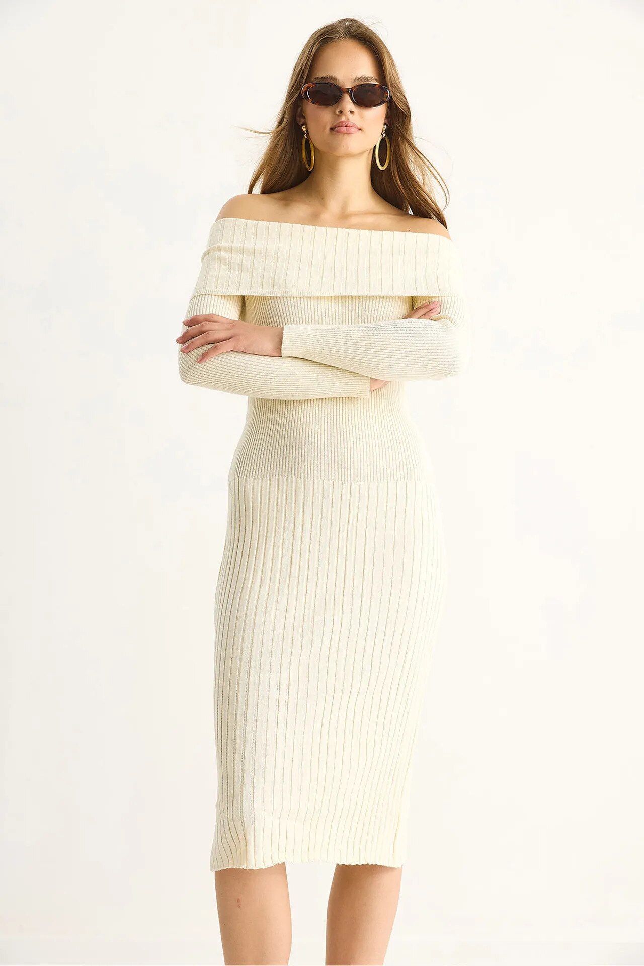 Rochie Midi, Bianco Lucci, nervuri, tricot, Fildes Natural, S-M - eMAG.ro