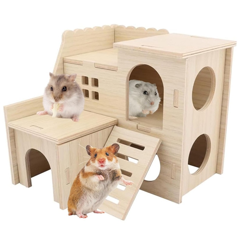 Ascunzatoare pentru mini hamsteri din lemn, Qurevo®, cu balcon mare si ...