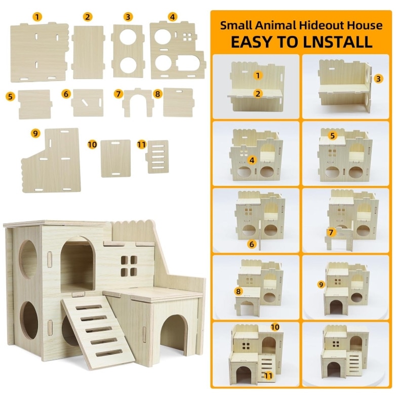 Ascunzatoare pentru mini hamsteri din lemn, Qurevo®, cu balcon mare si ...