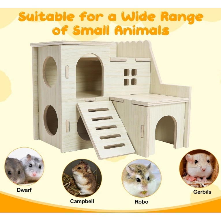 Ascunzatoare pentru mini hamsteri din lemn, Qurevo®, cu balcon mare si ...