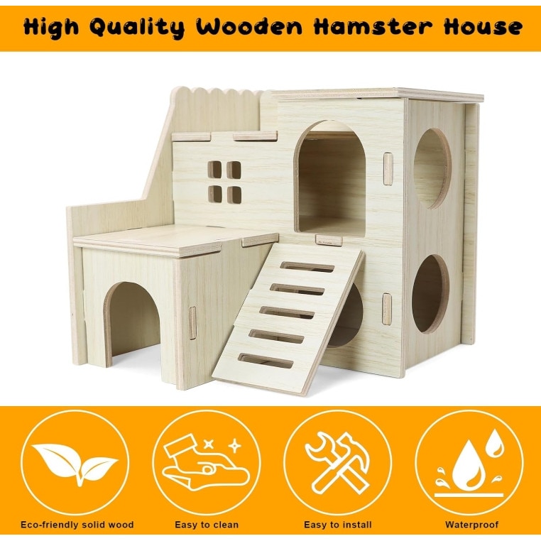 Ascunzatoare pentru mini hamsteri din lemn, Qurevo®, cu balcon mare si ...