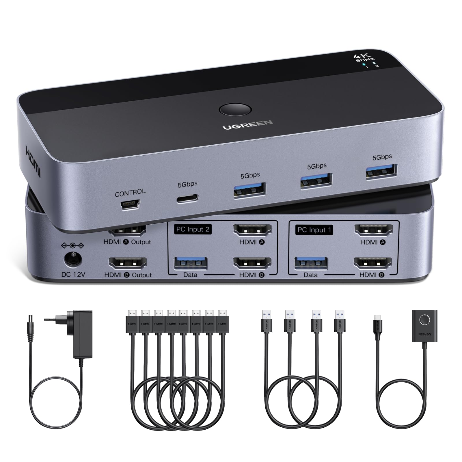 Comutator KVM HDMI UGREEN pentru 2 PC-uri, 2 monitoare, 4K, 4 porturi ...
