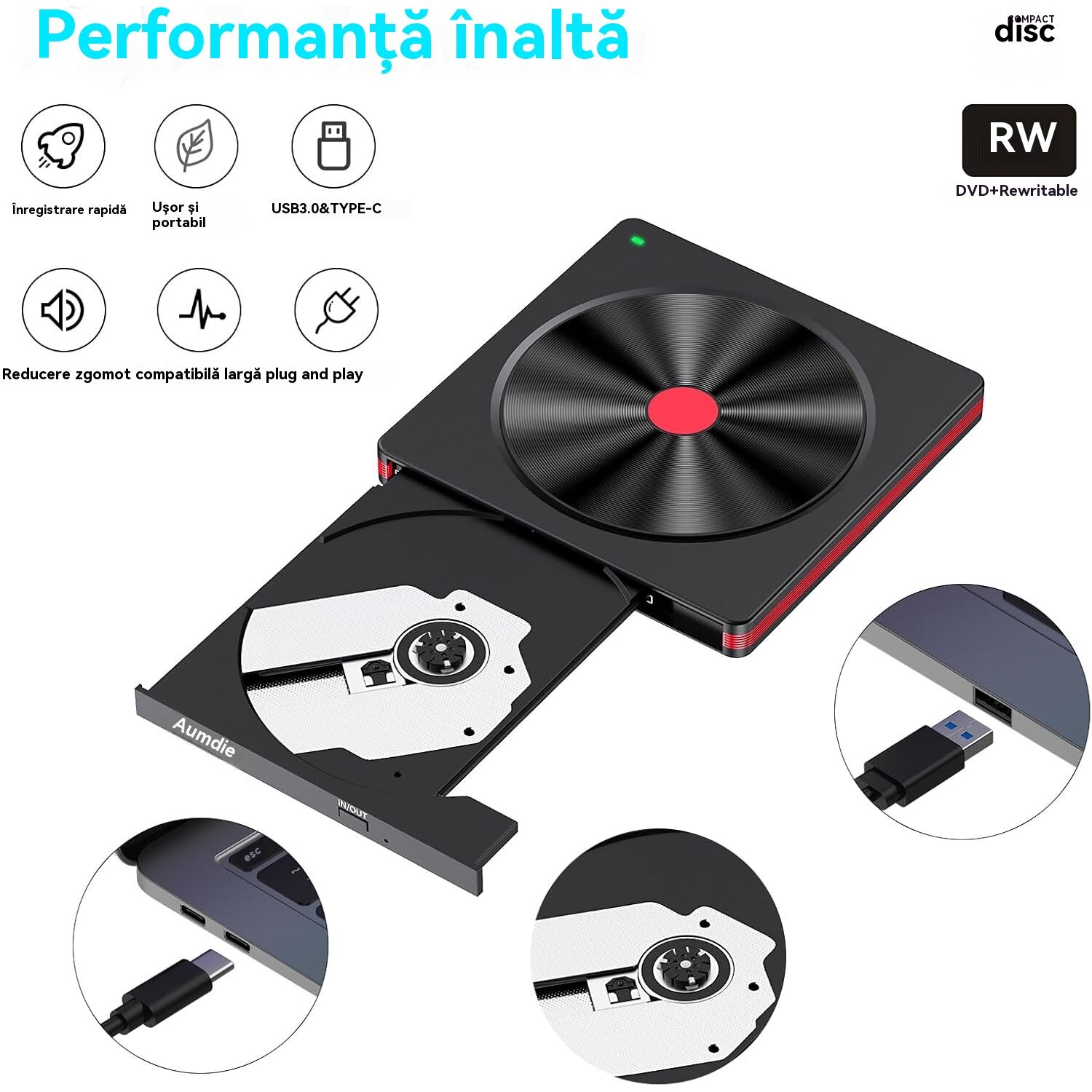 Unitate DVD Extern Portabilă, scriere 8x, citire rapidă, USB Type-C, 2 ...