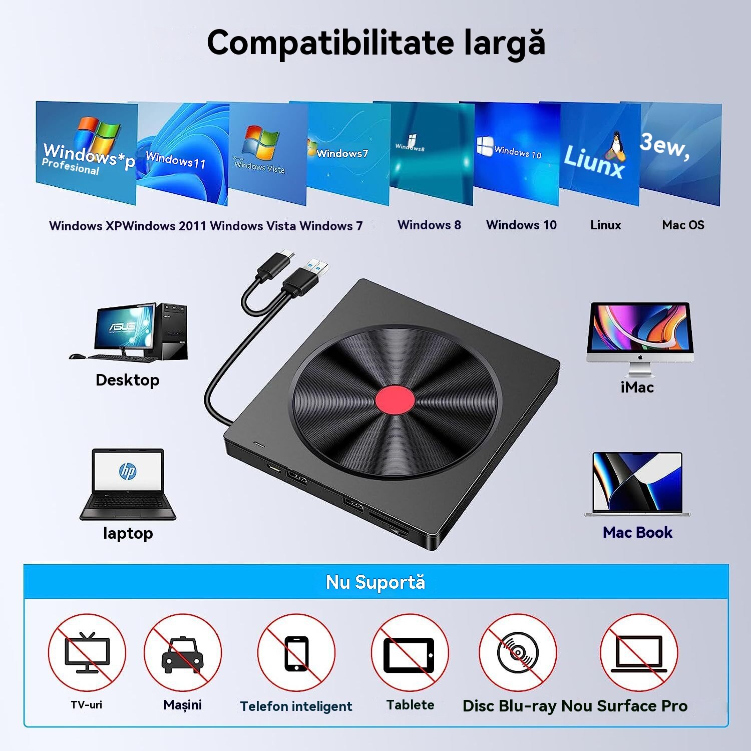 Unitate DVD Extern Portabilă, scriere 8x, citire rapidă, USB Type-C, 2 ...