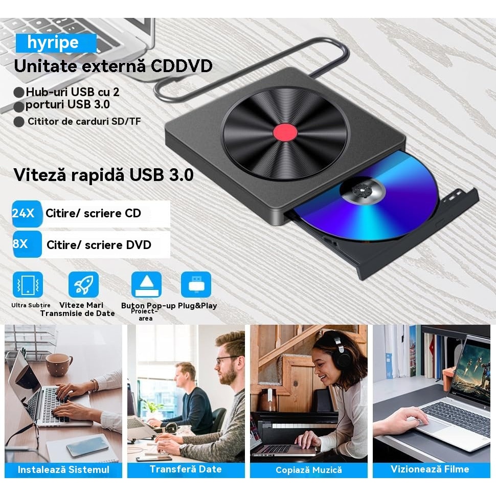 Unitate DVD Extern Portabilă, scriere 8x, citire rapidă, USB Type-C, 2 ...