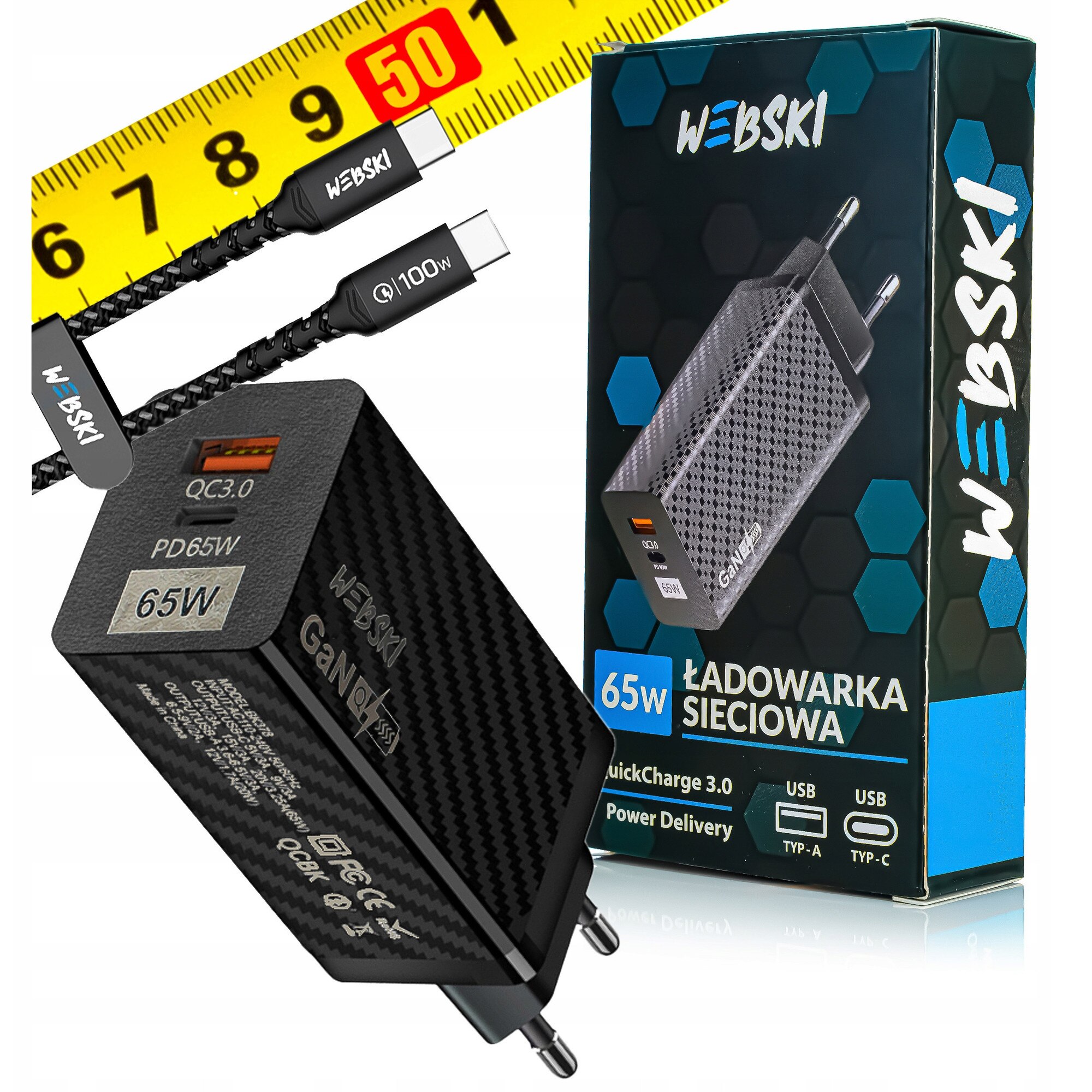 Incarcator Rapid 65W USB-C GaN, Quick Charge 3.0, Inclusiv Cablu - eMAG.ro