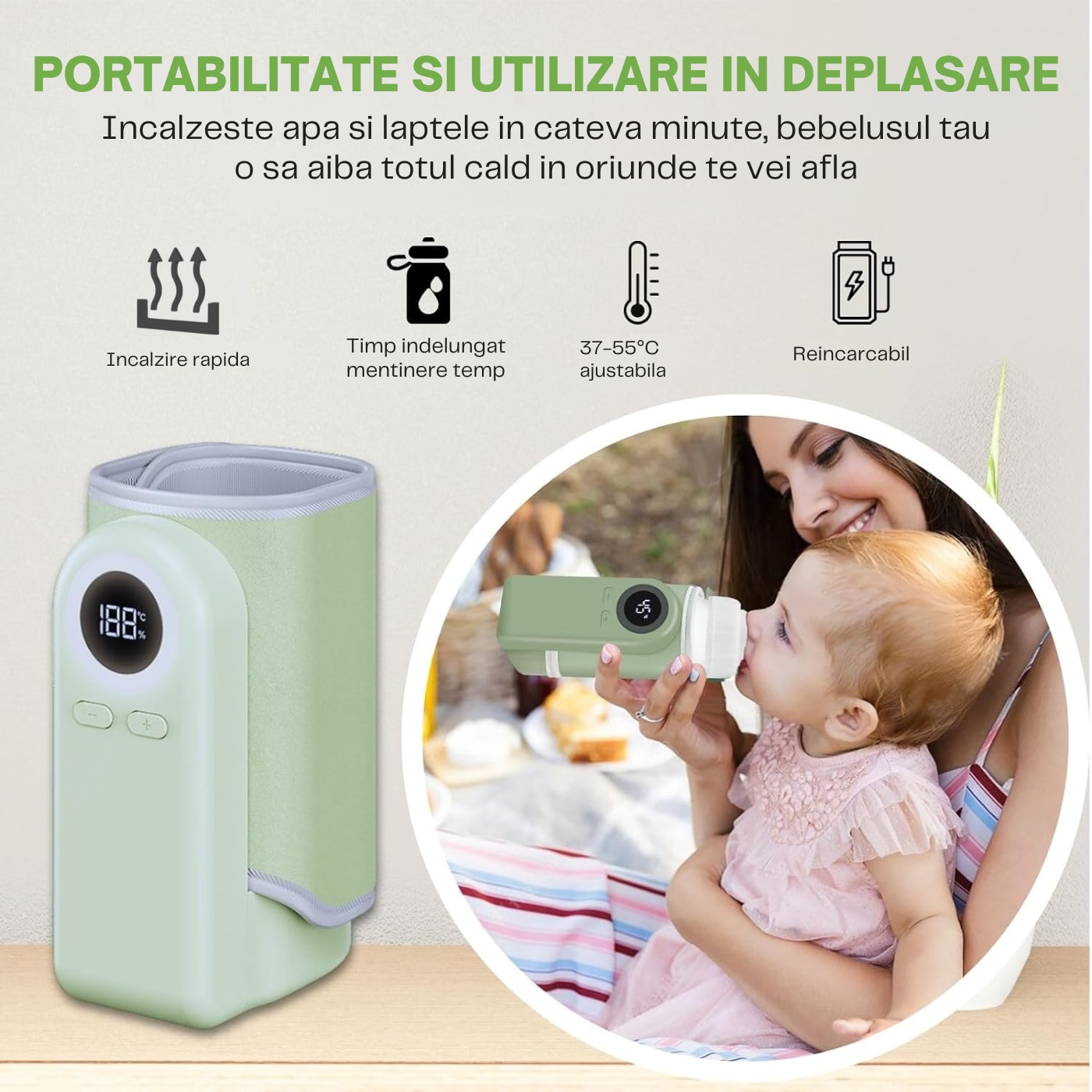 Incalzitor Portabil Biberoane KLASTEP®, 10000 mAh, Incalzire Rapida 8 ...