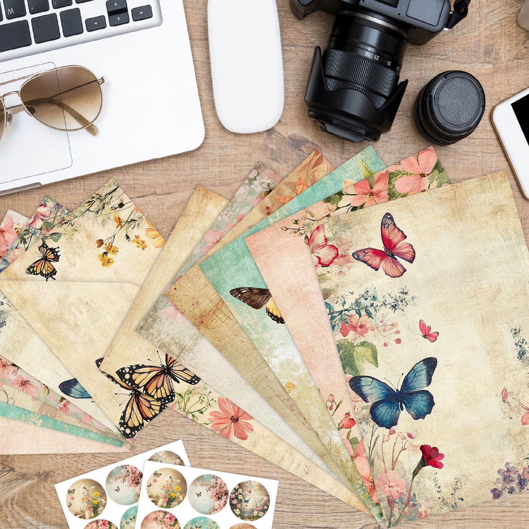 Set creativ pentru copii, 24 piese, design flori si fluturi, 24 foi de ...
