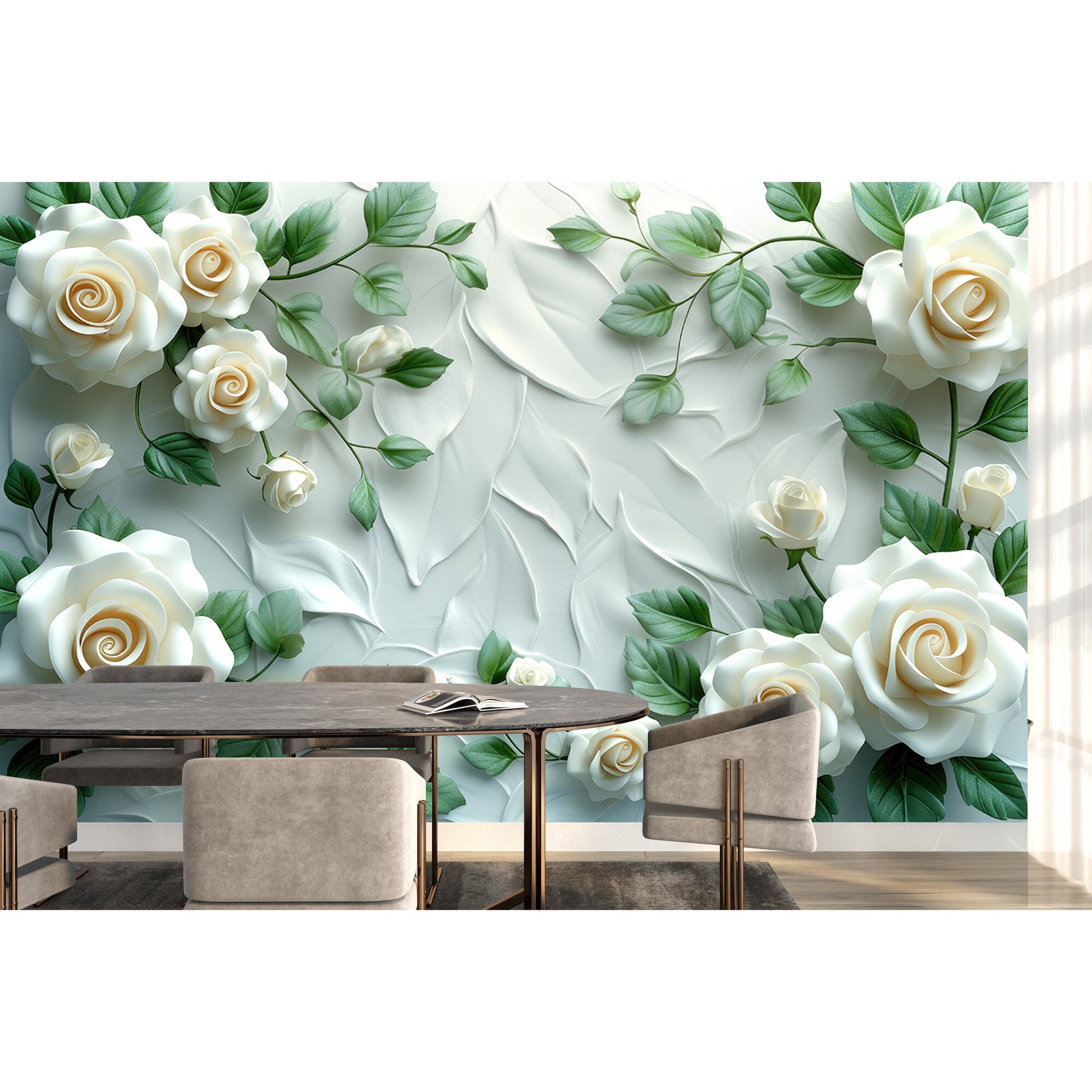 Fototapet Vlies –Trandafiri 3D Crem cu Frunze Verzi pe Fundal Reliefat ...