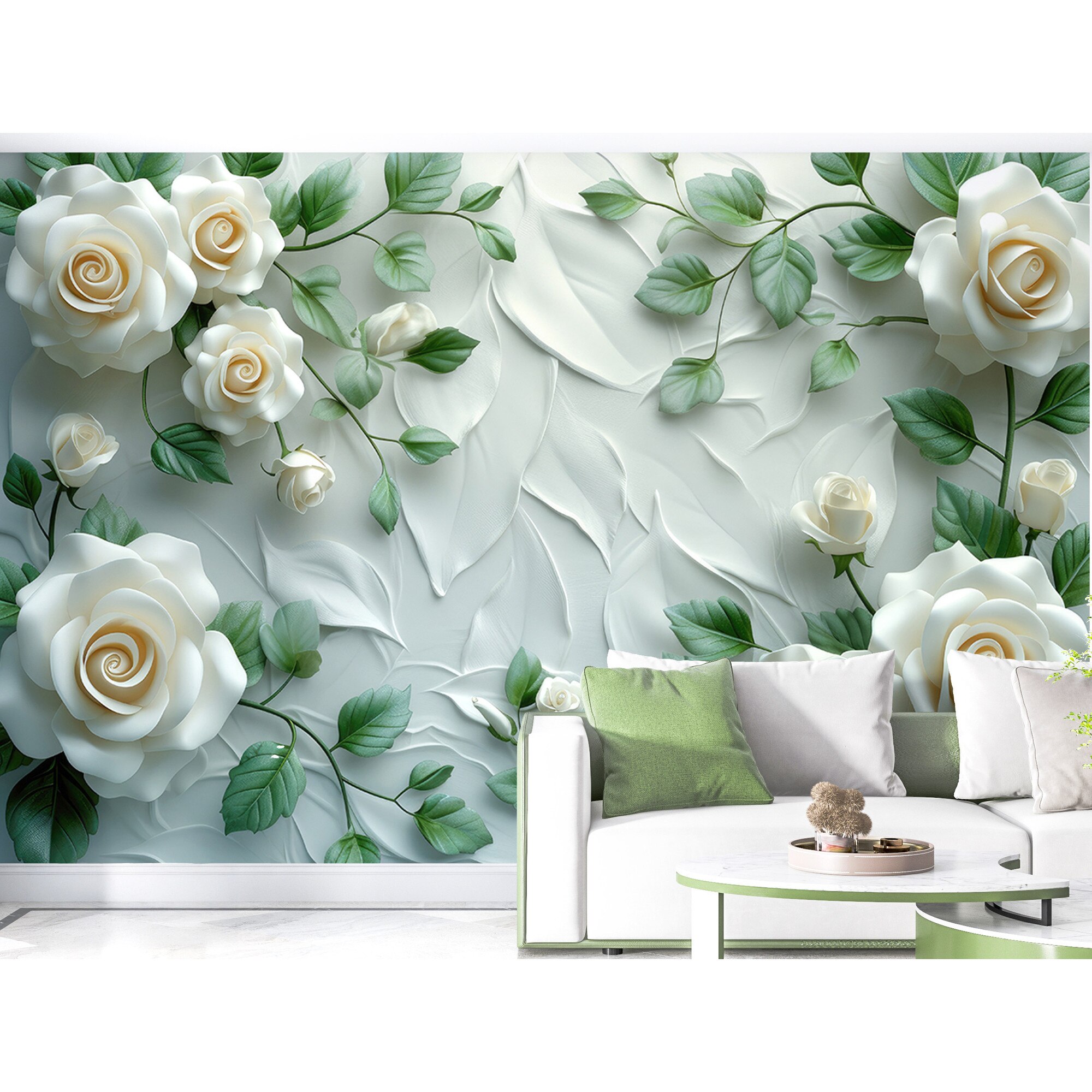 Fototapet Vlies –Trandafiri 3D Crem cu Frunze Verzi pe Fundal Reliefat ...