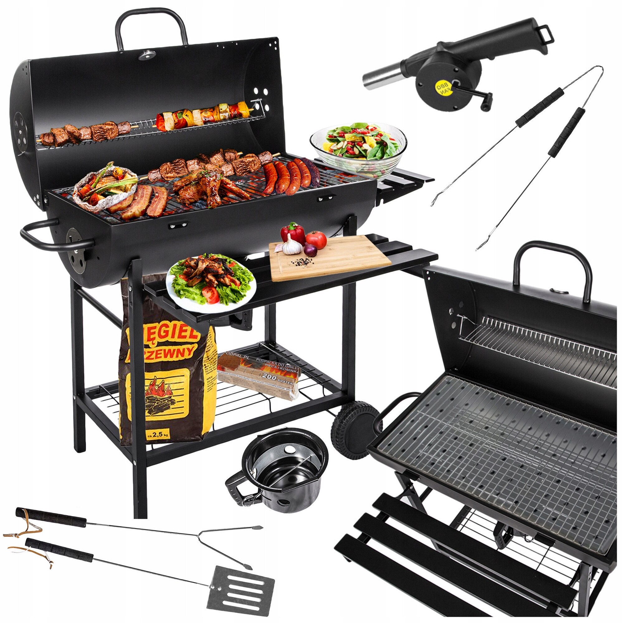 Grill cu roti, Five-Star, 71x35cm, negru mat, cu termometru - eMAG.ro