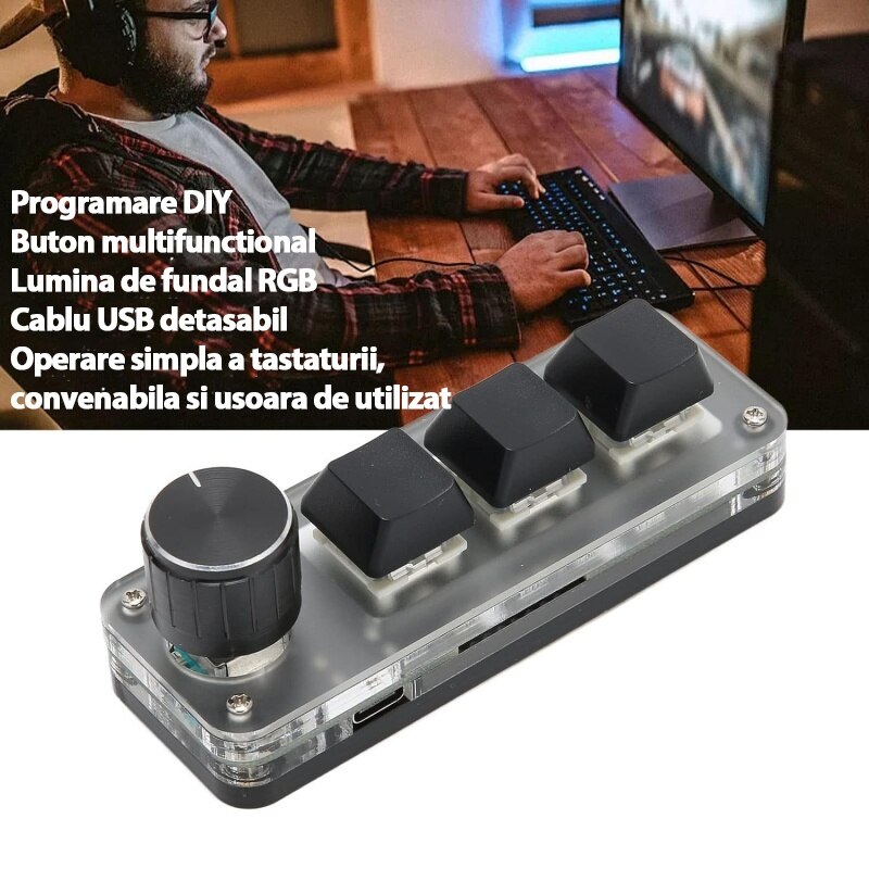 Tastatura mecanica programabila, AjieQaQ®,3 taste, iluminare RGB ...