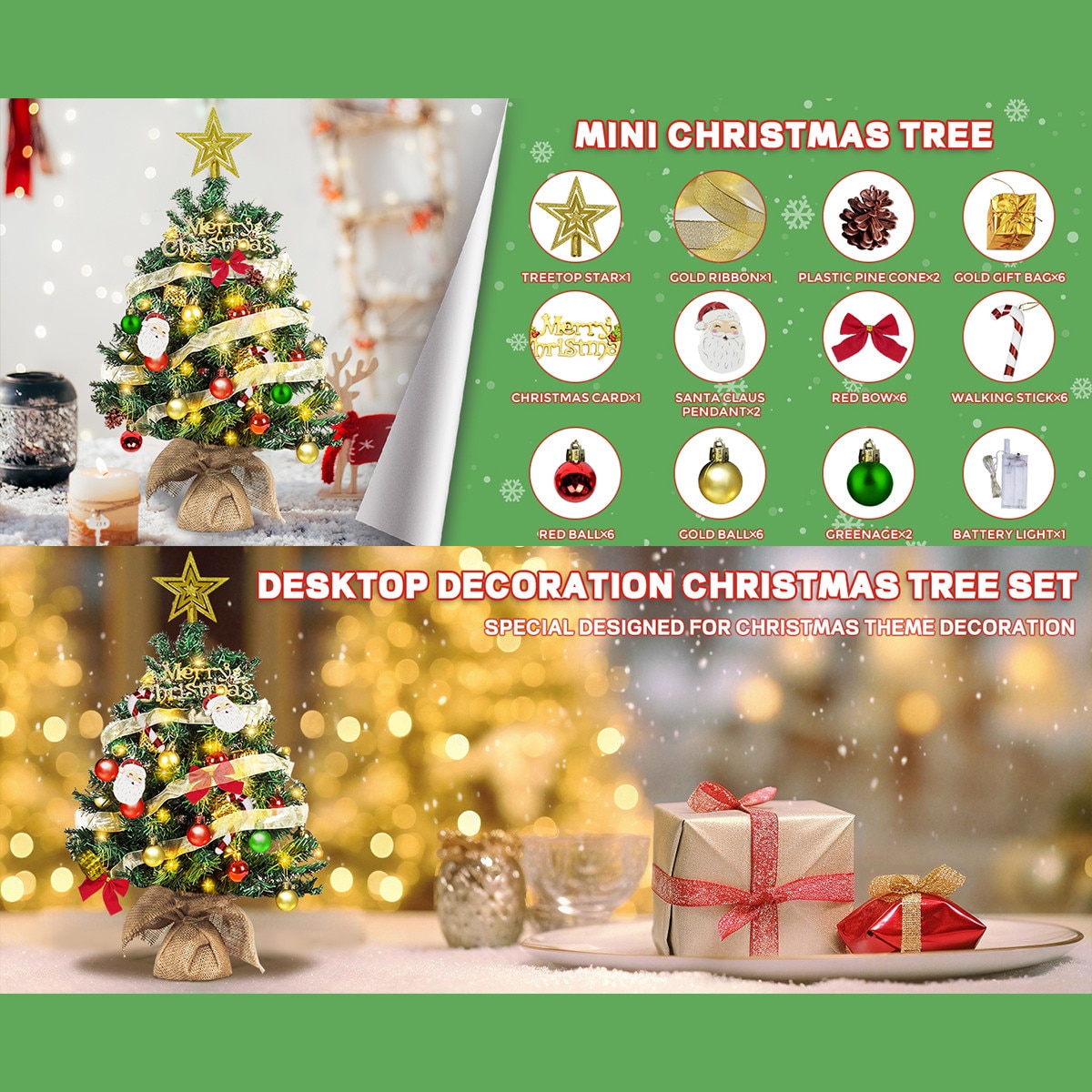 Brad de Craciun Mini, YOUKUKE, cu LED lumini mici calde, 60 cm, DIY, cu ...