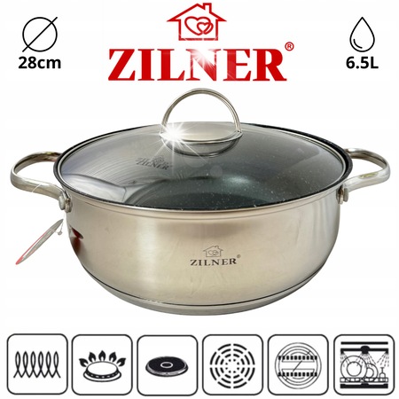 Oala ZILNER, 28cm, 6.5L, inox, interior marmorat, cu capac din sticla ...