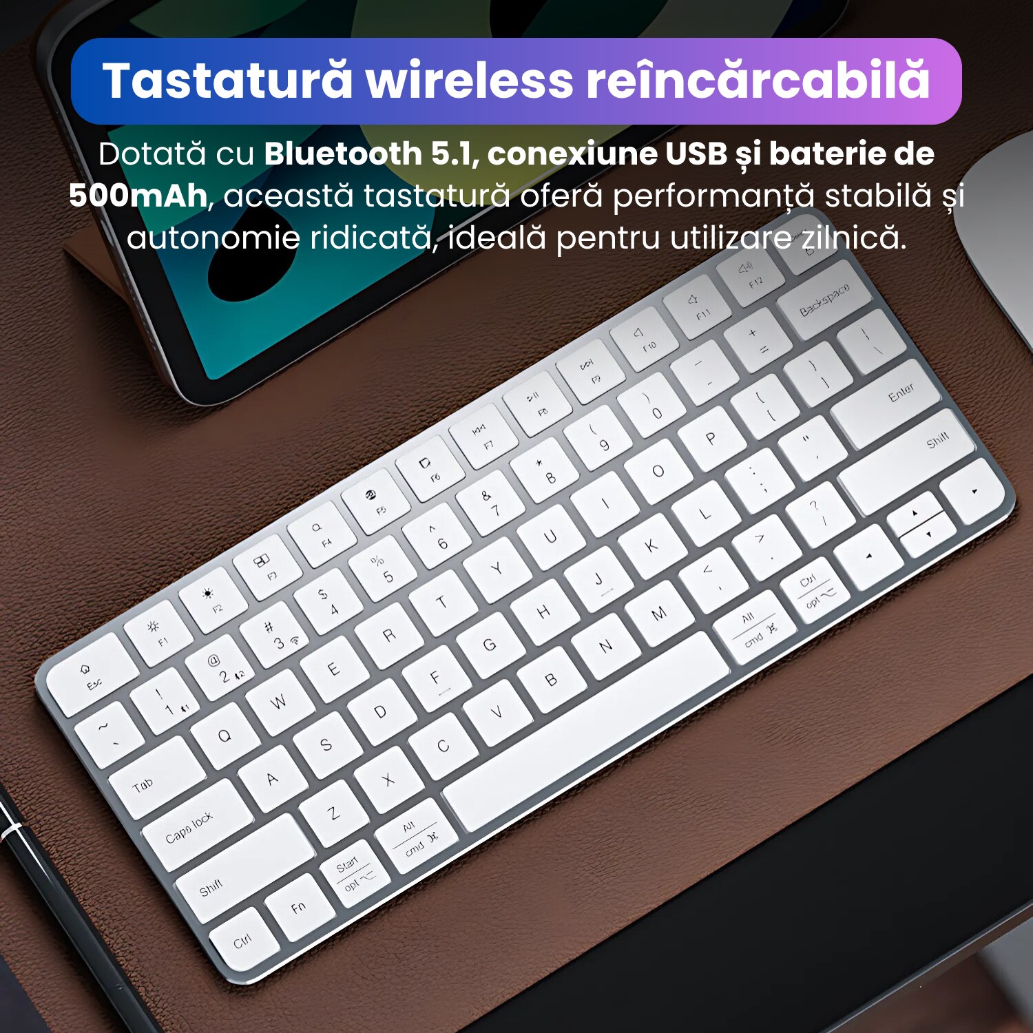 Tastatura Wireless Reincarcabila, BRAGUS, Bluetooth 5.1, USB, 500mAh ...