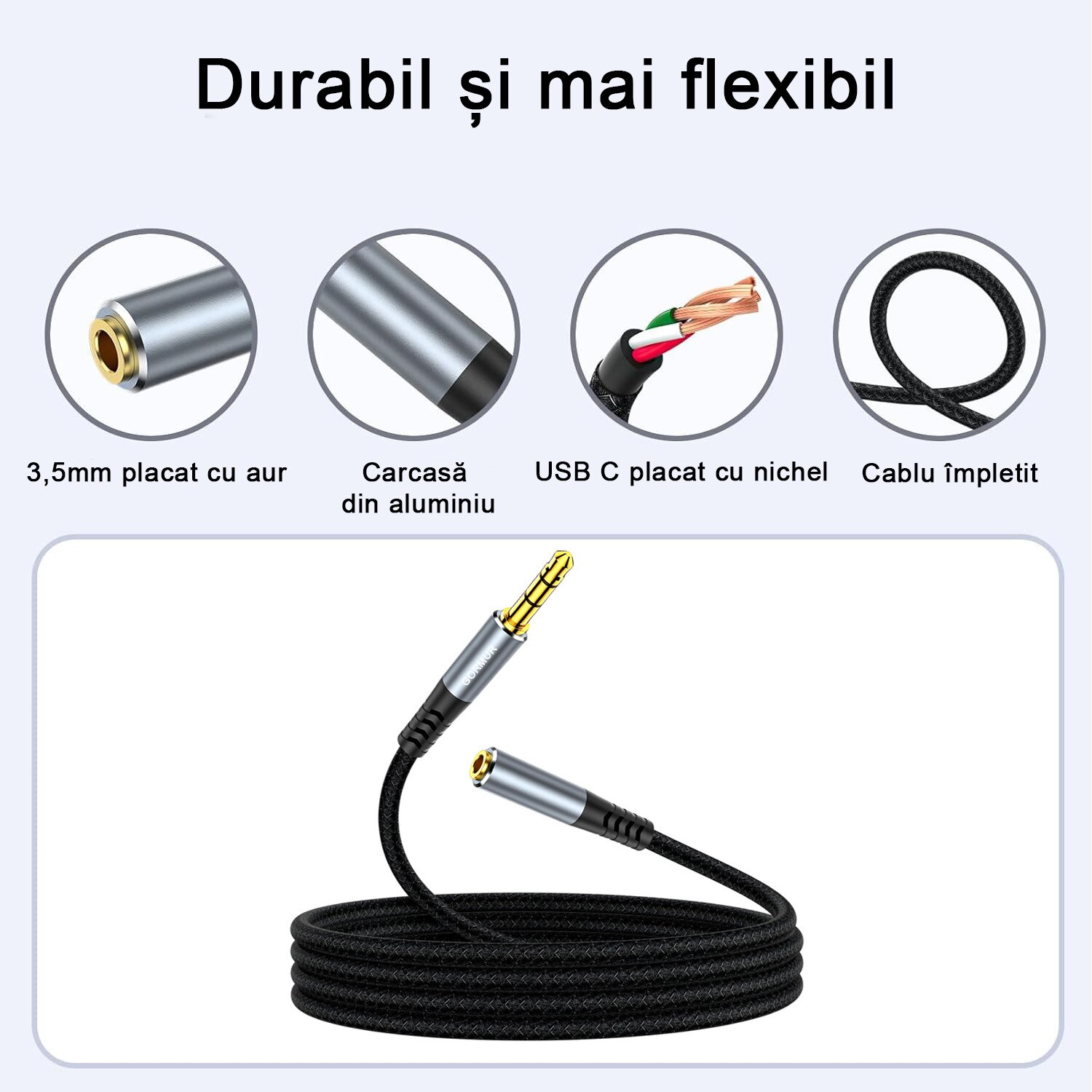 Cablul de prelungire audio stereo GORMUR de 3.5 mm mama la tata, tesut ...