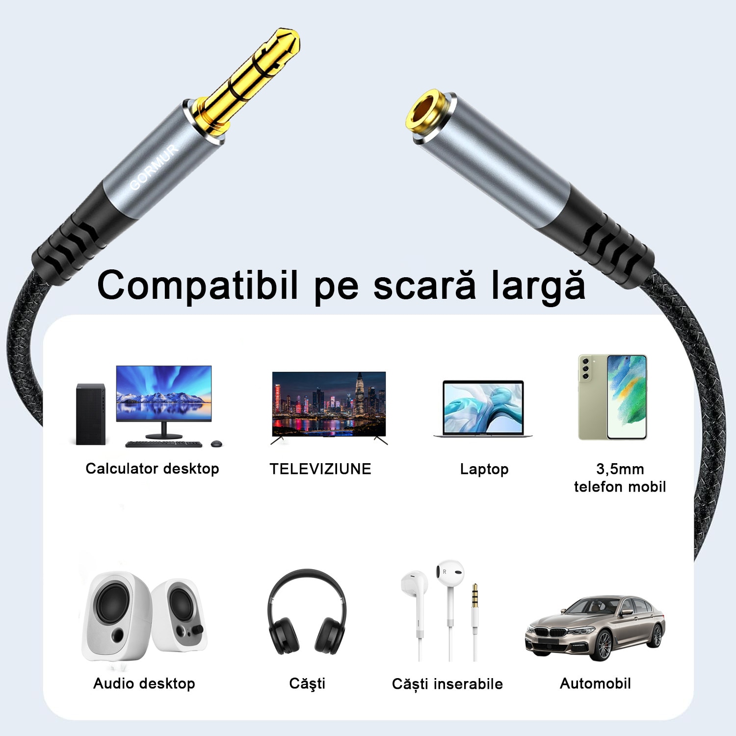 Cablul de prelungire audio stereo GORMUR de 3.5 mm mama la tata, tesut ...