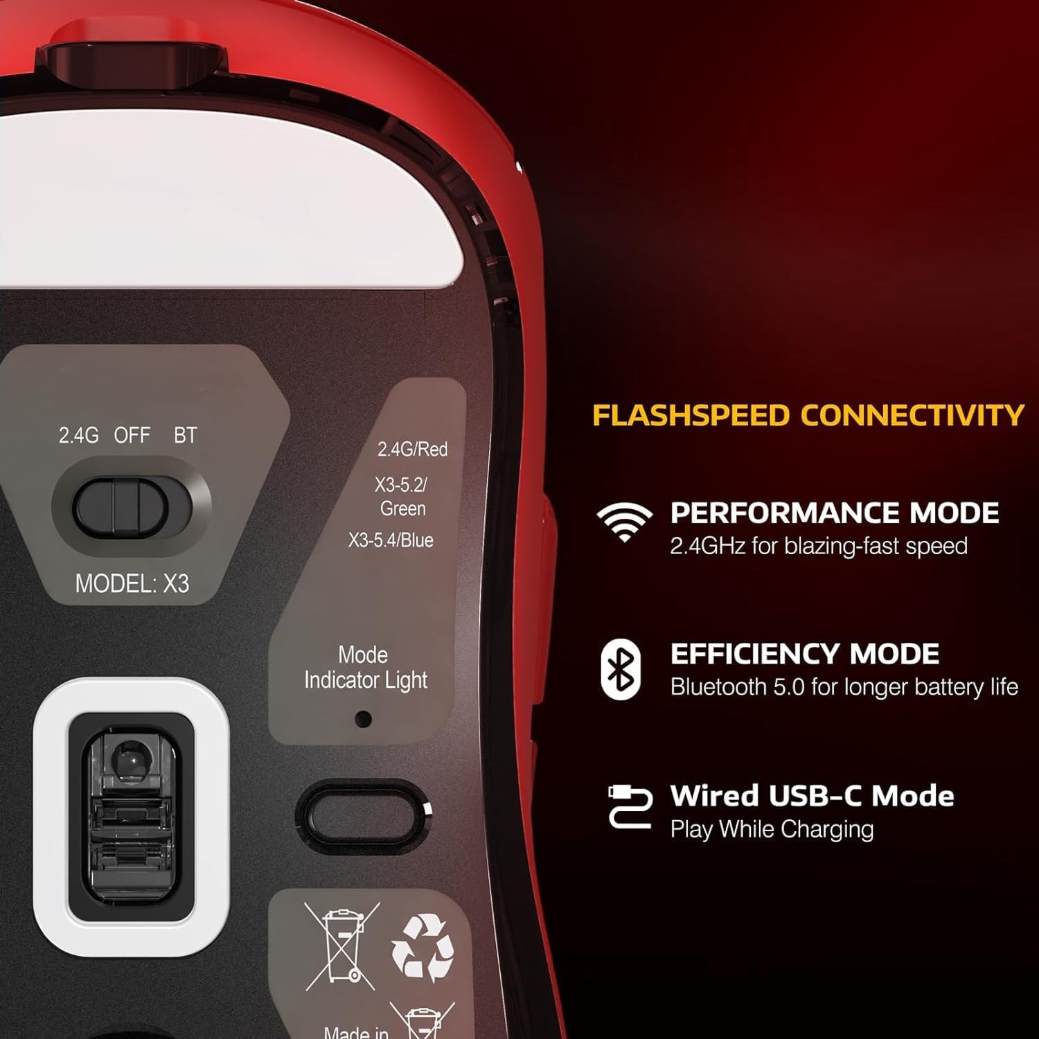 Mouse de gaming wireless ATTACK SHARK X3, mouse ergonomic cu trei ...