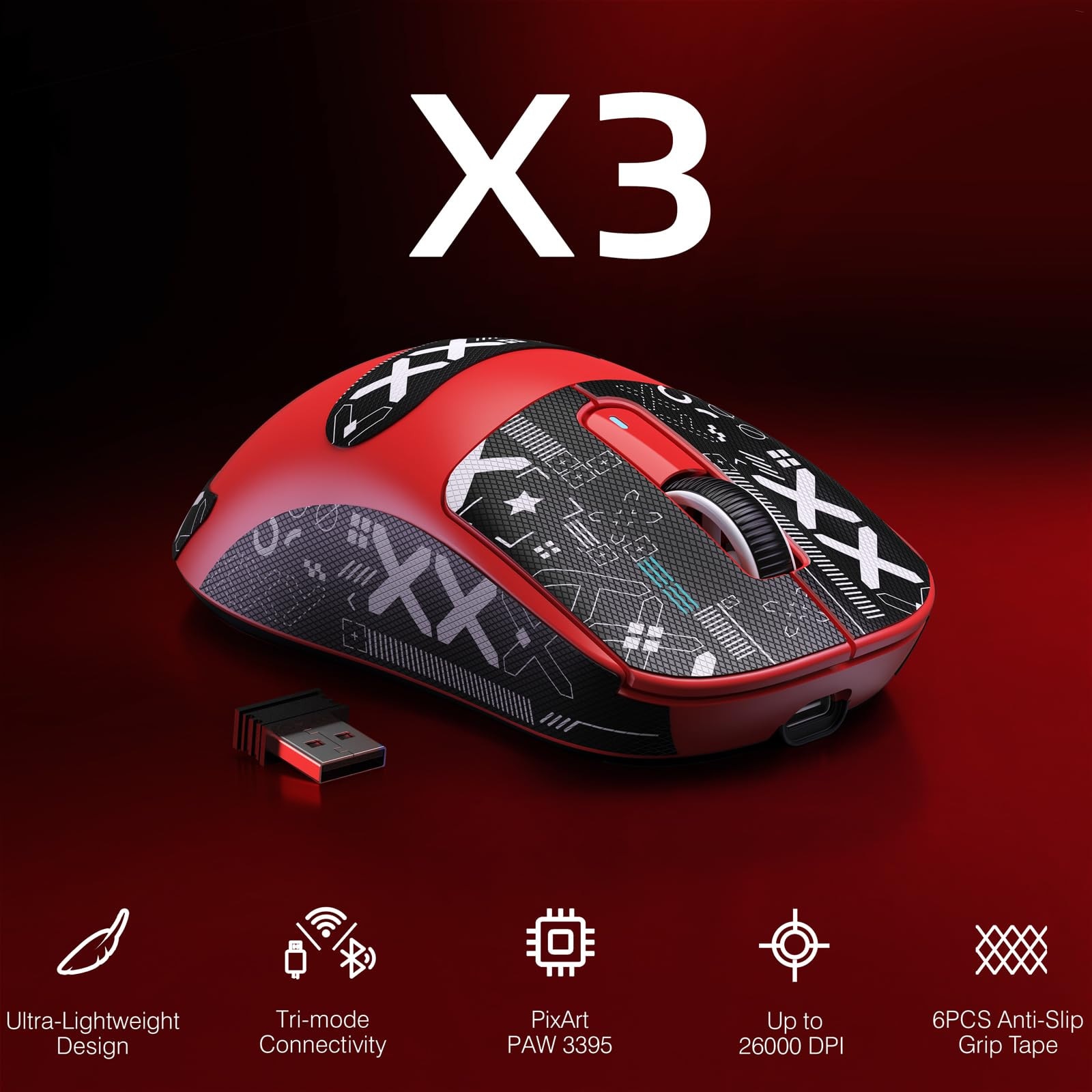 Mouse de gaming wireless ATTACK SHARK X3, mouse ergonomic cu trei ...