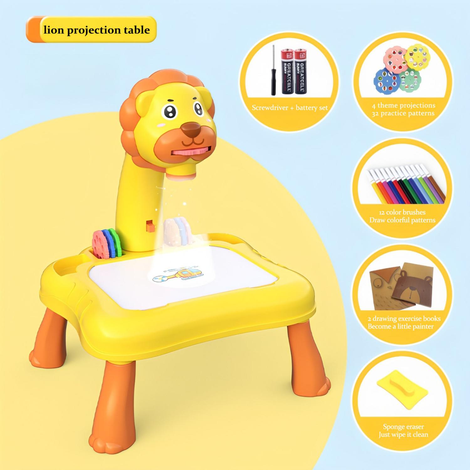 Proiector de desen pentru copii, set educativ cu 12 pensule si 2 carti ...
