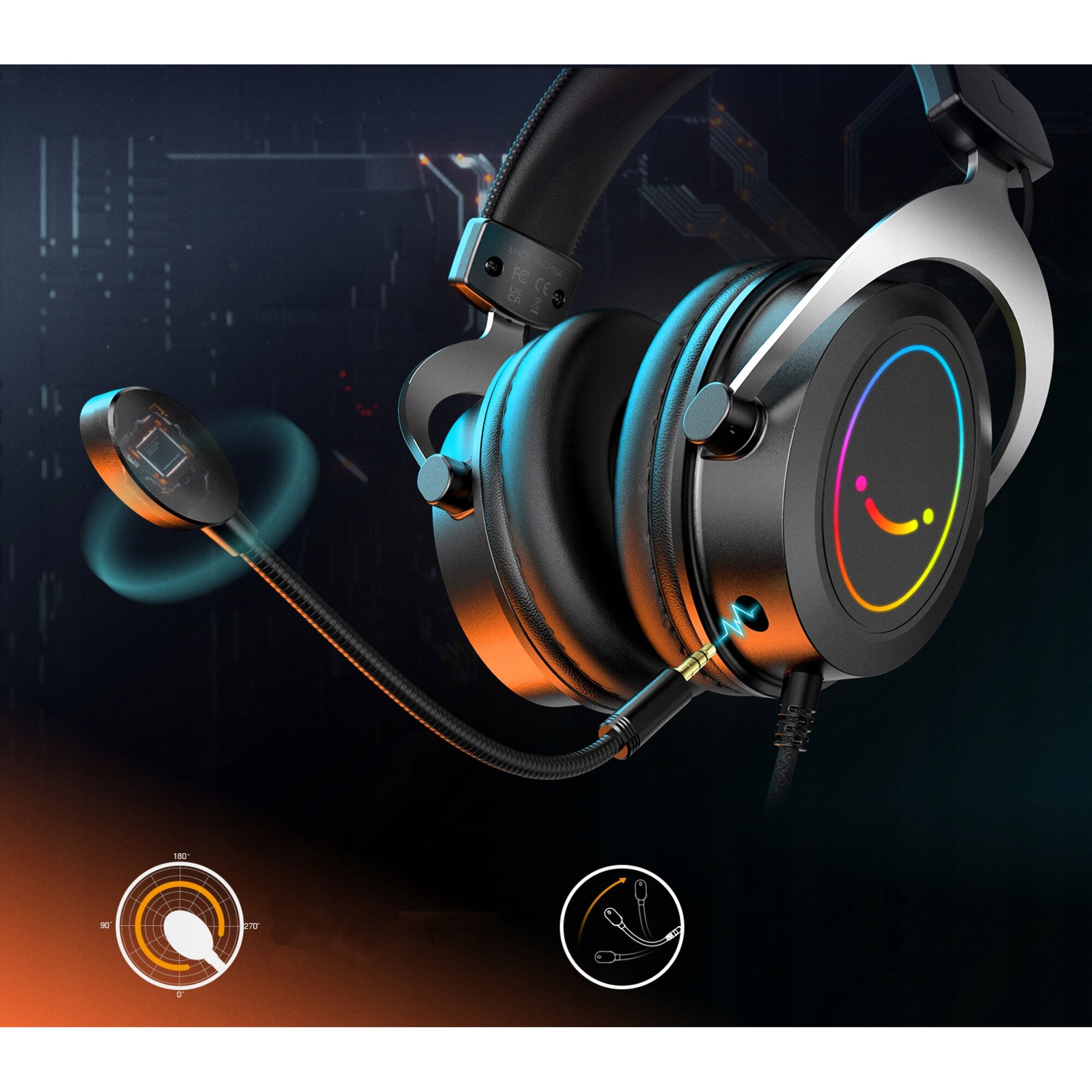 Casti gaming Fifine H3W AmpliGame RGB, alb, cu microfon detasabil, 3,5 ...