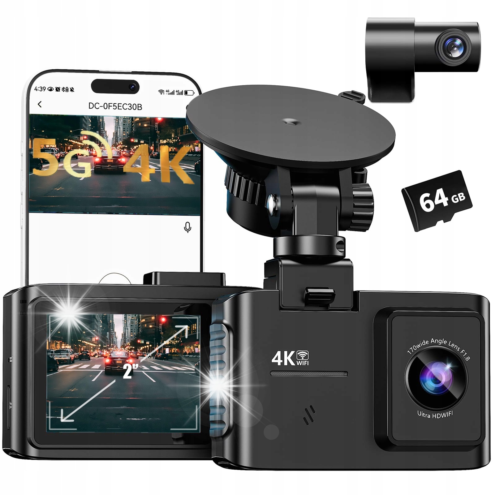 Camera auto DVR 4K Ultra HD, 170° unghi de vedere, Wi-Fi, 64GB card SD ...