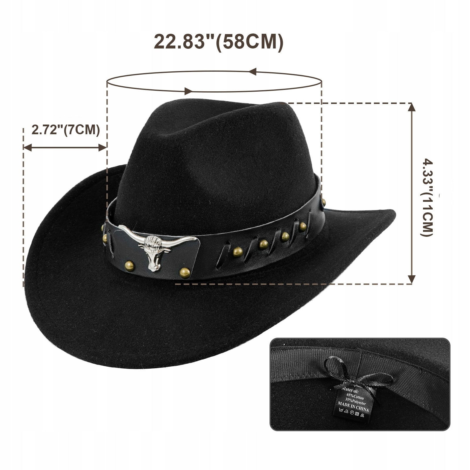 Palarie cowboy unisex, neagra, 58CM, cu brau decorativ si esarfa - eMAG.ro