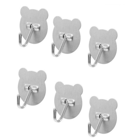 Set 6 carlige adezive pentru perete, forma ursulet, otel inoxidabil ...
