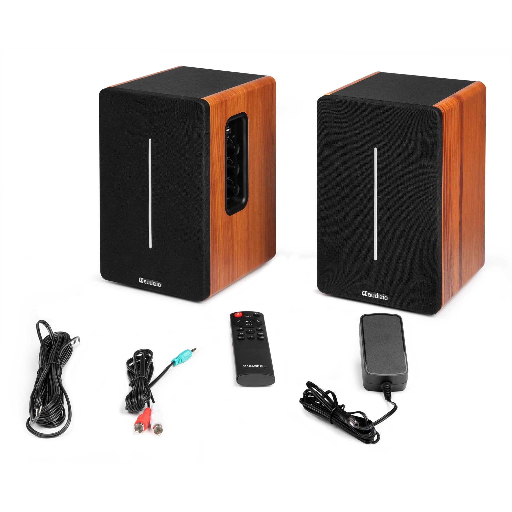 Set 2 boxe active Hi-Fi de raft, 4", 60W RMS, Bluetooth/USB, maro lemn ...