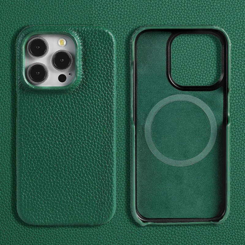 Husa din piele naturala pentru iPhone 16 Pro, verde, cu interior din ...