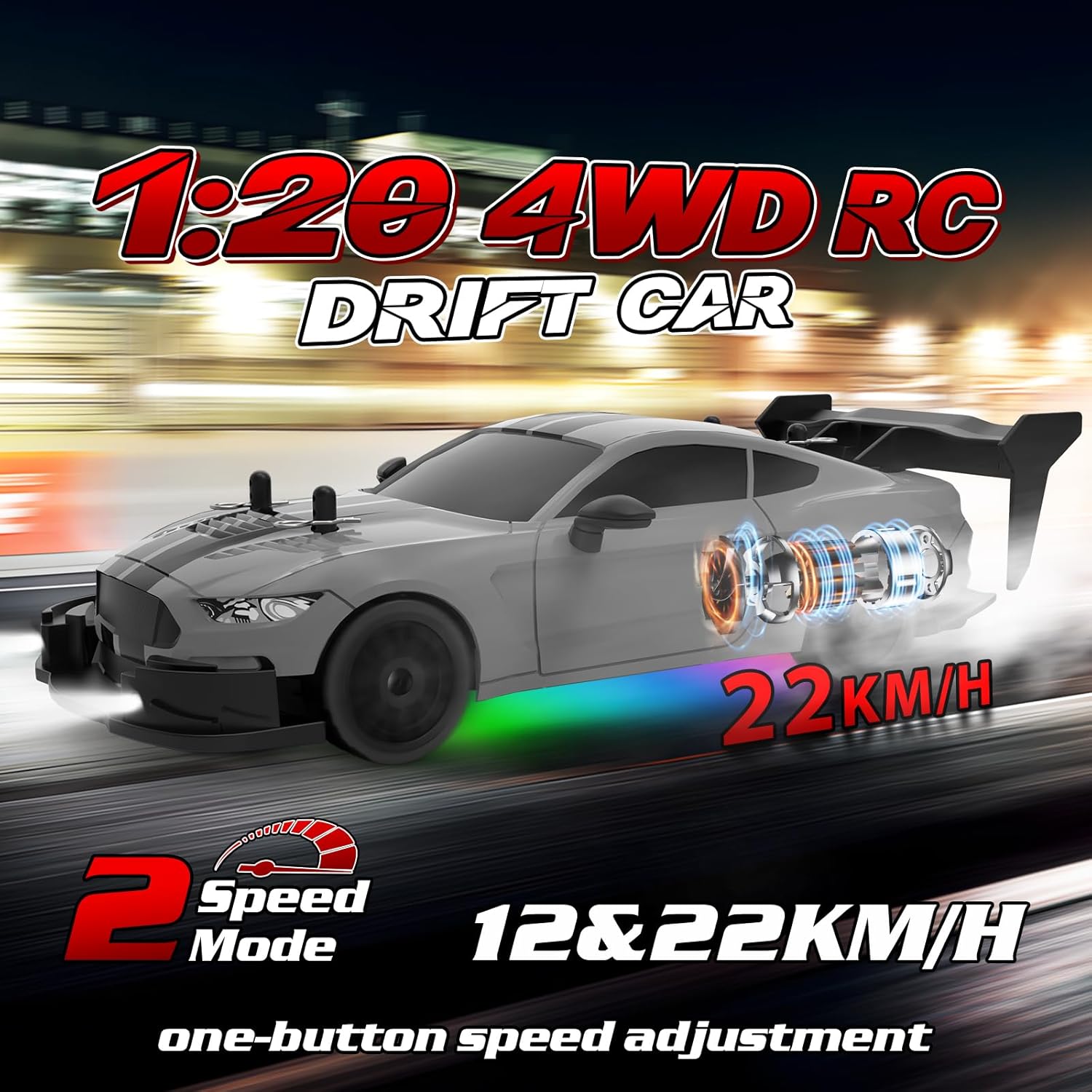 Masinuta RC 1:20 4WD, 22 km/h, lumini LED, set de roti, gri - eMAG.ro