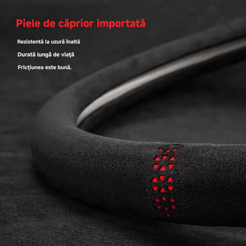 Husa volan din piele intoarsa, 38cm, antiderapant, neagra cu grilaj ...