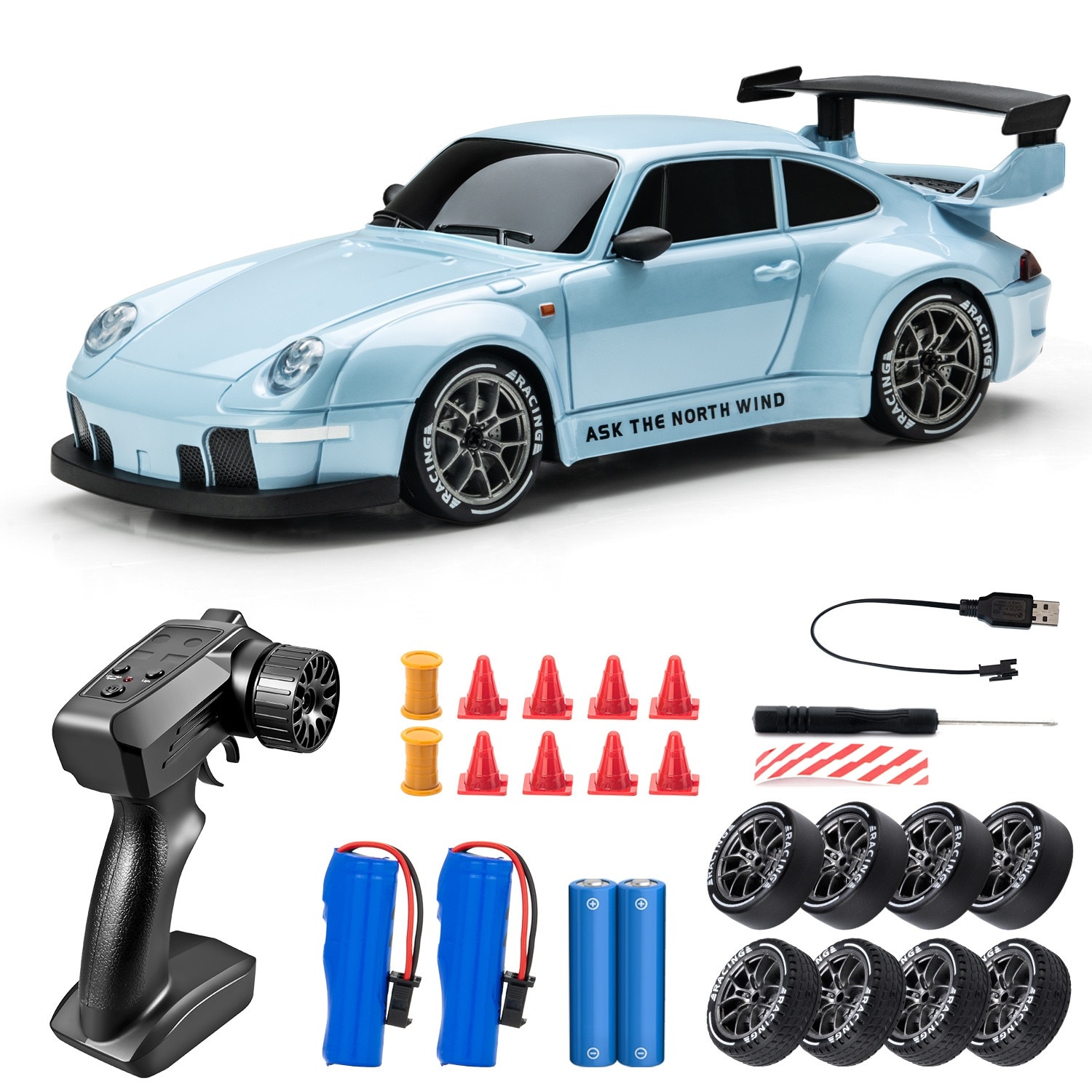 Masinuta RC 1:24, Drift Car cu LED-uri, 4WD, Albastru, 20x9x5.6cm, Set ...